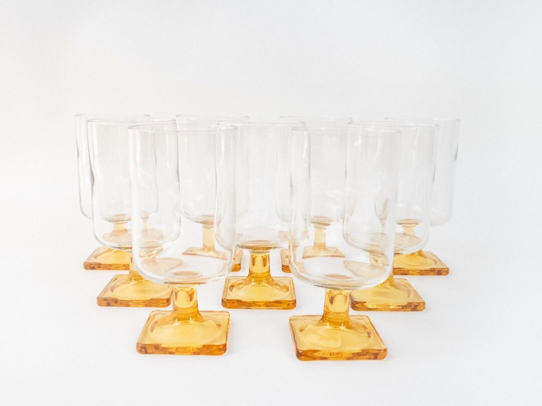 Retro Gold Base Cups, Vintage Amber Cups Set, Pedestal Drinking Glasses ...