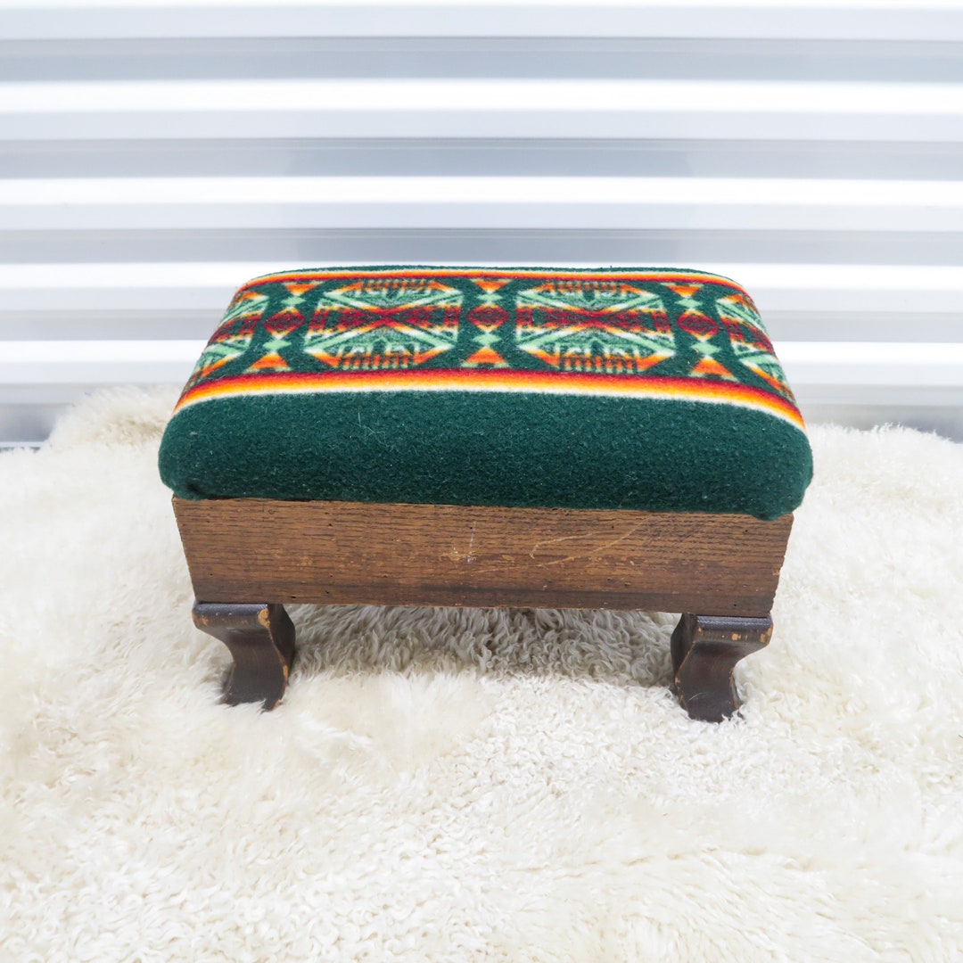 Wooden Stool With Pendleton Beaver Green Blanket Upholstery, Accent ...
