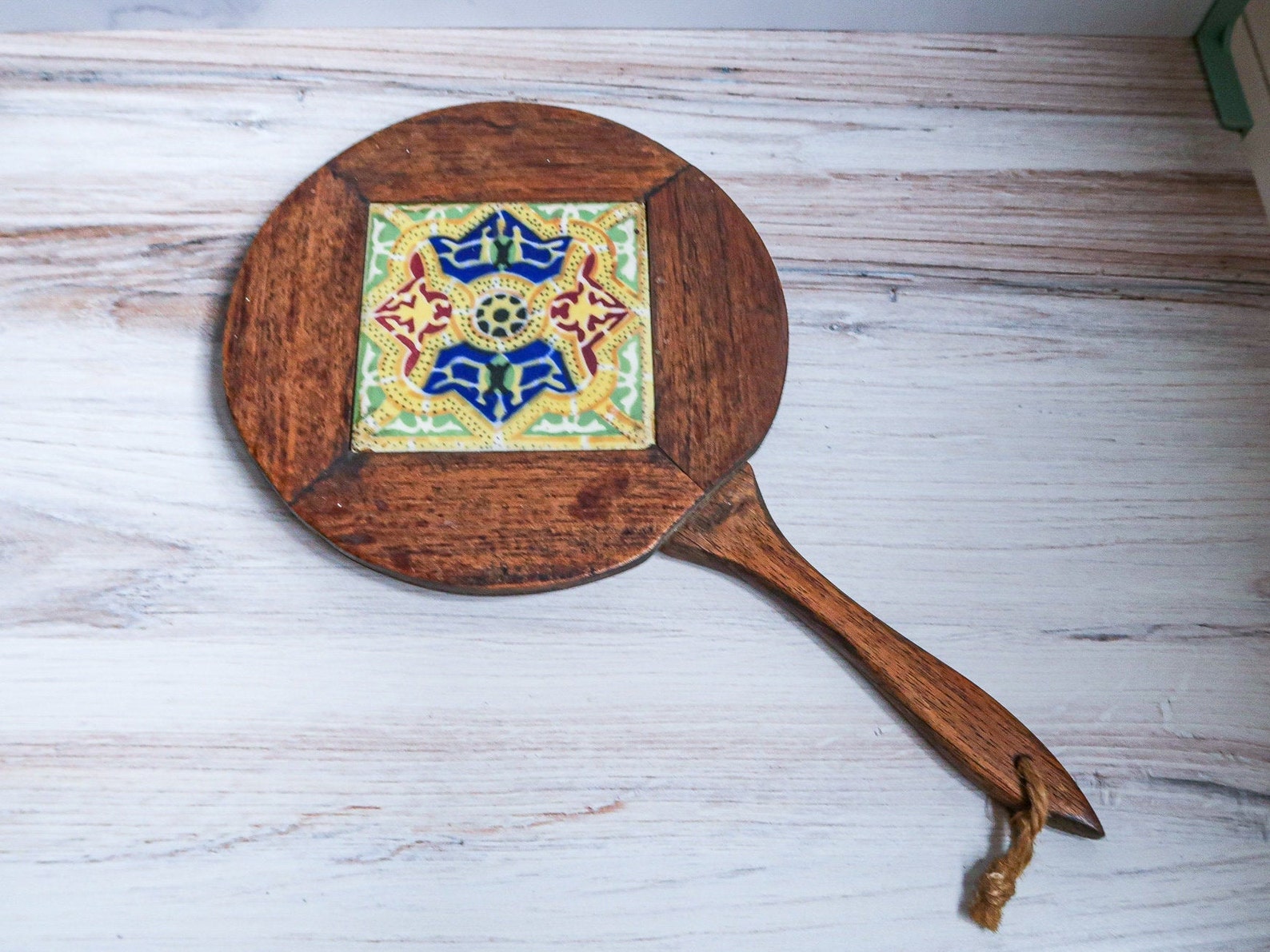 Wood and Hand Painted Tile Round Trivet With Handle From - Etsy