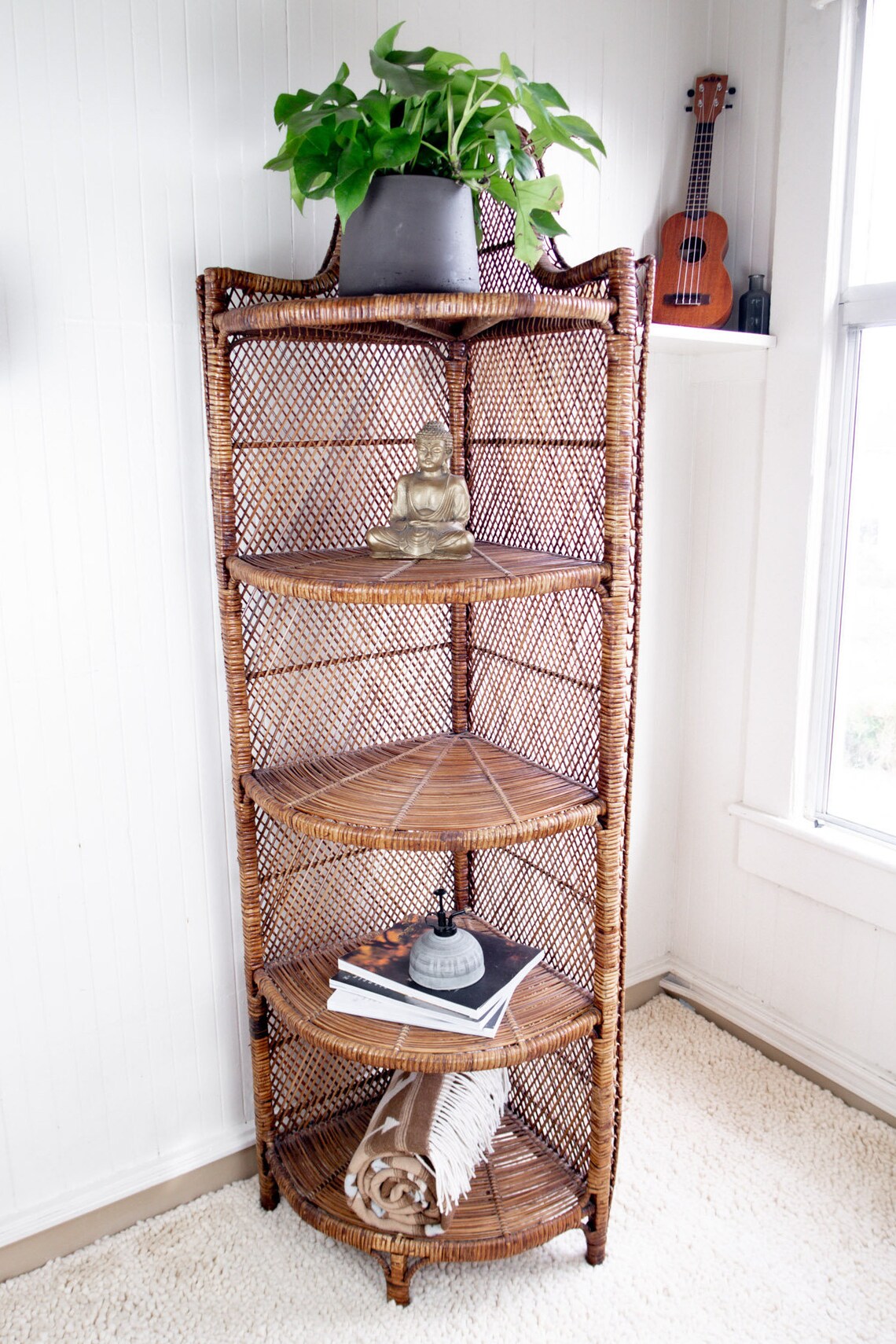 Rattan Corner Shelf Boho Style Vintage Book Shelf | Etsy