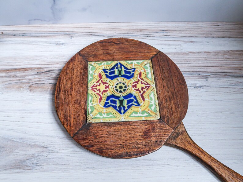 Wood and Hand Painted Tile Round Trivet With Handle From - Etsy