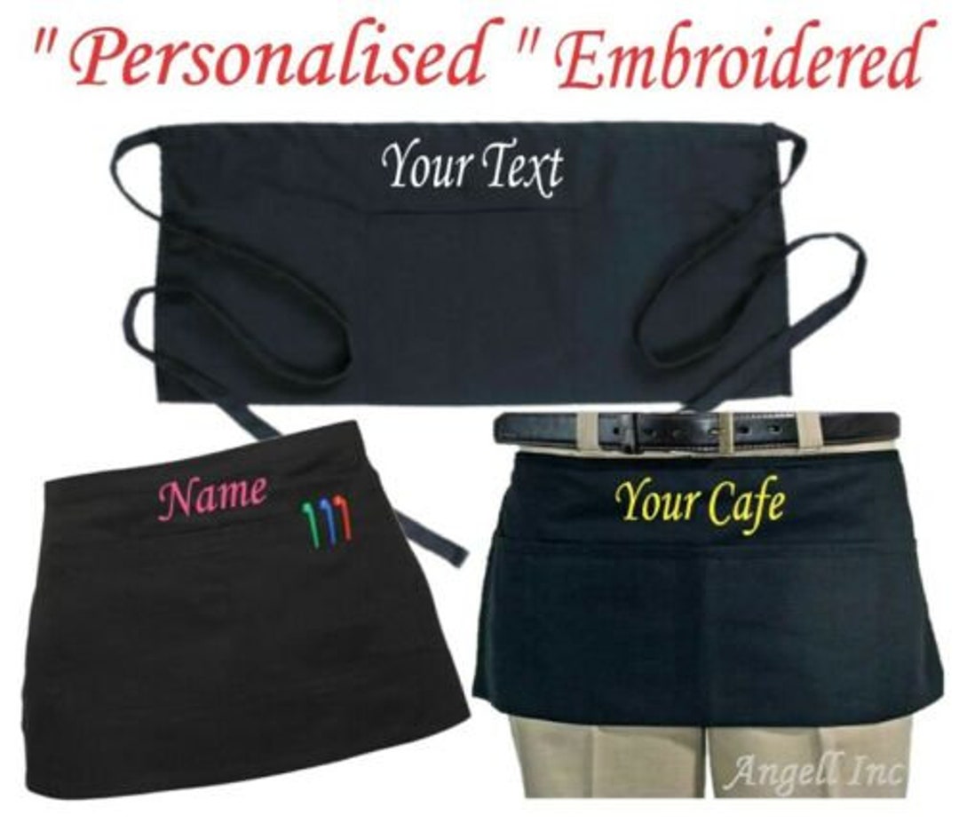 PERSONALISED APRON Short Waist Belt Bistro Pocket Bar Cafe Pub Waiter ...
