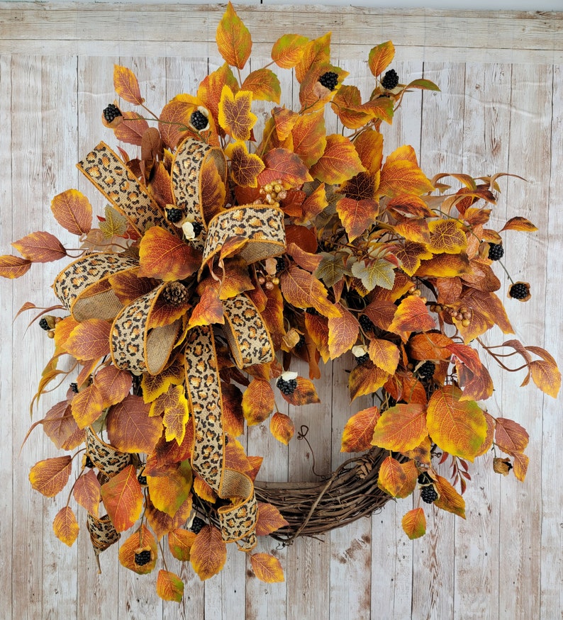 Rustic Autumn Wreath With Autumn Leaves Berries and Leopard - Etsy