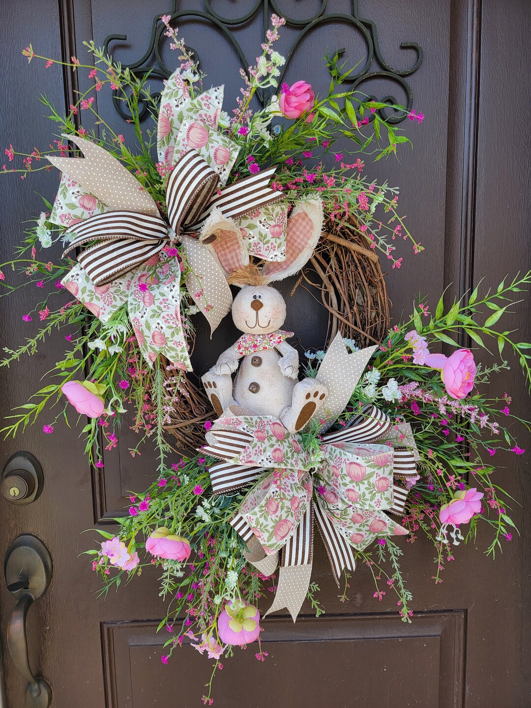 Sassy Bunny and Bow Wreath With Pink Ranuculus, Florals and Festive Bow ...