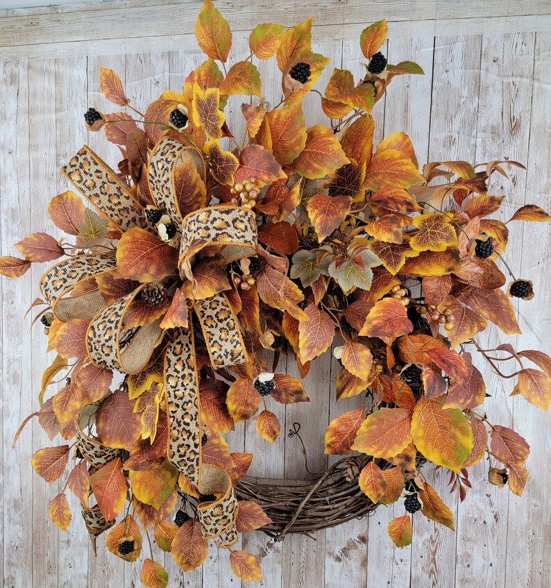 Rustic Autumn Wreath With Autumn Leaves Berries and Leopard - Etsy