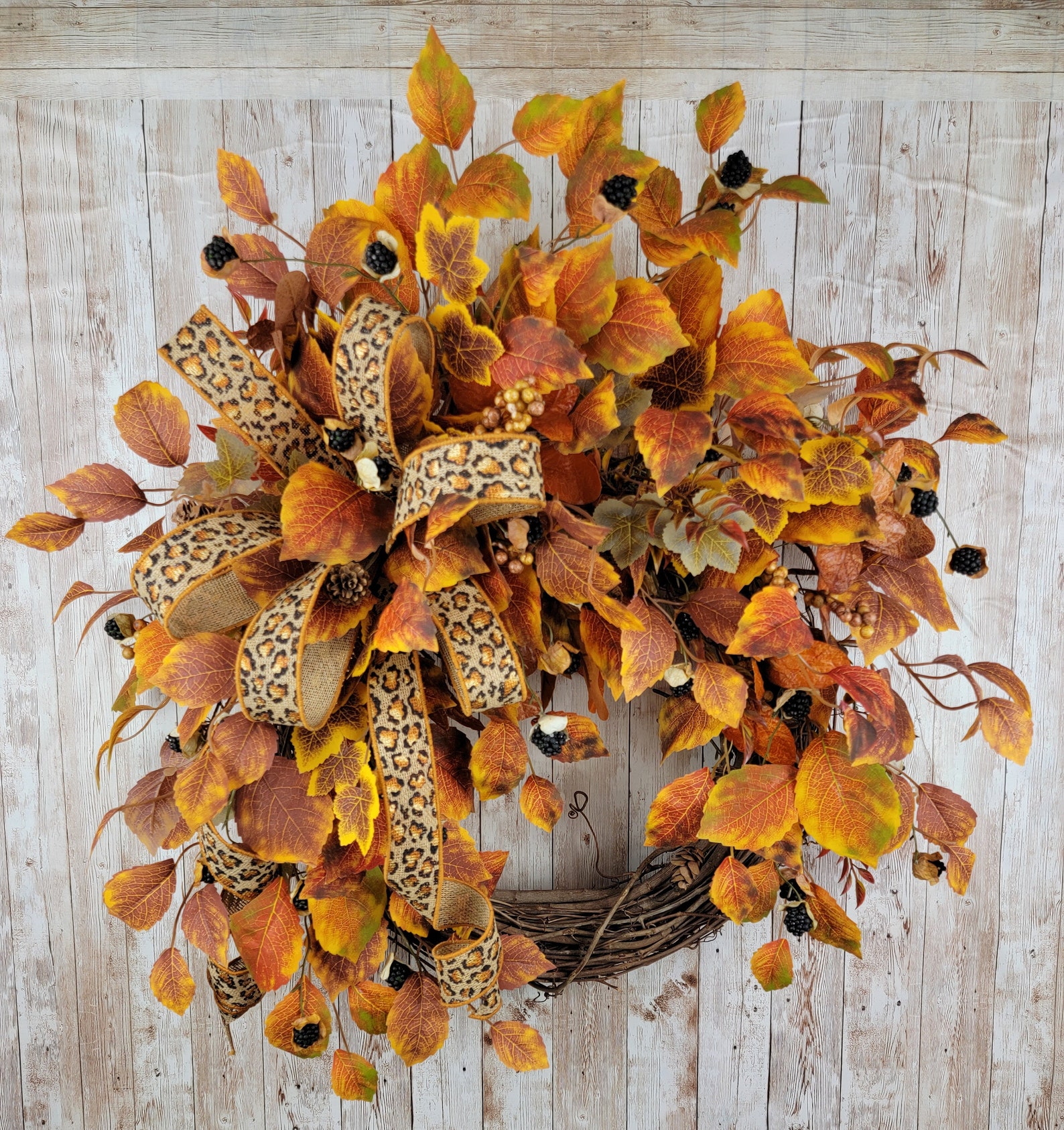 Rustic Autumn Wreath With Autumn Leaves Berries and Leopard - Etsy