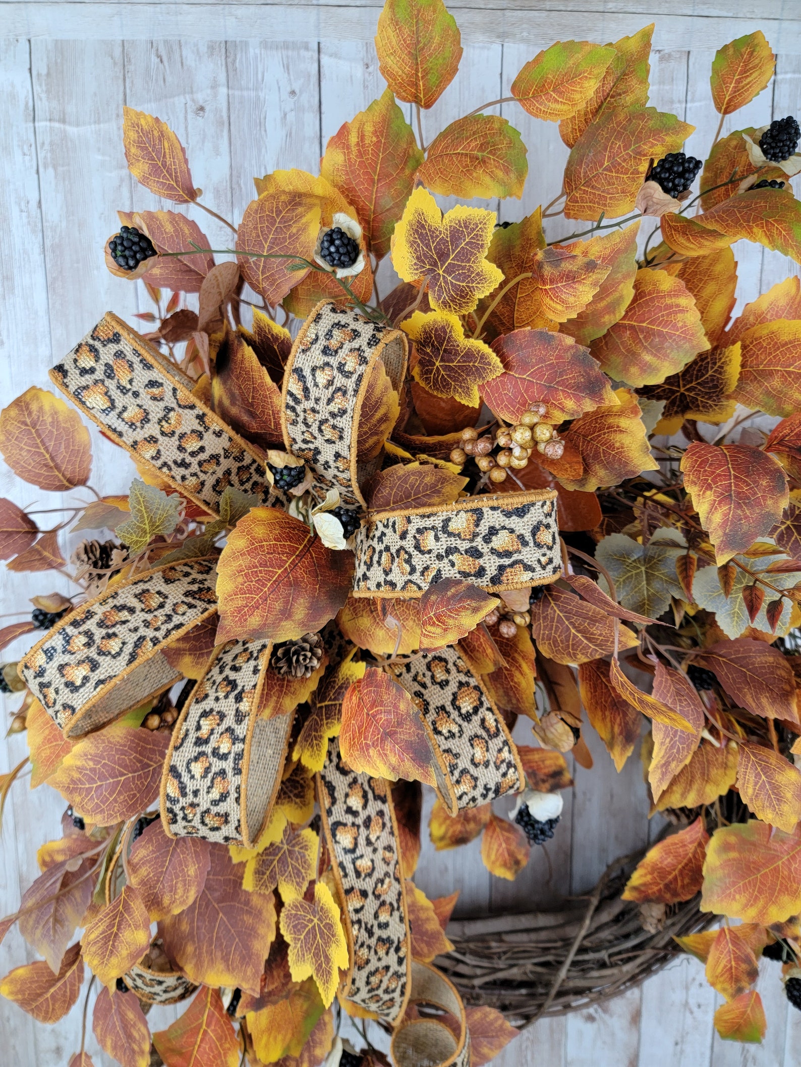 Rustic Autumn Wreath With Autumn Leaves Berries and Leopard - Etsy