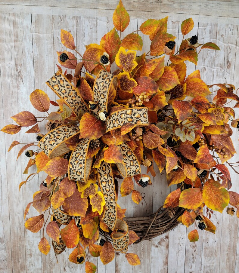 Rustic Autumn Wreath With Autumn Leaves Berries and Leopard - Etsy