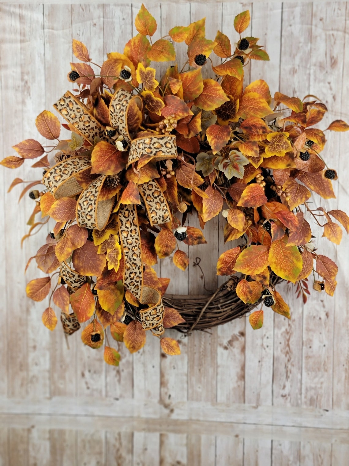 Rustic Autumn Wreath With Autumn Leaves Berries and Leopard - Etsy