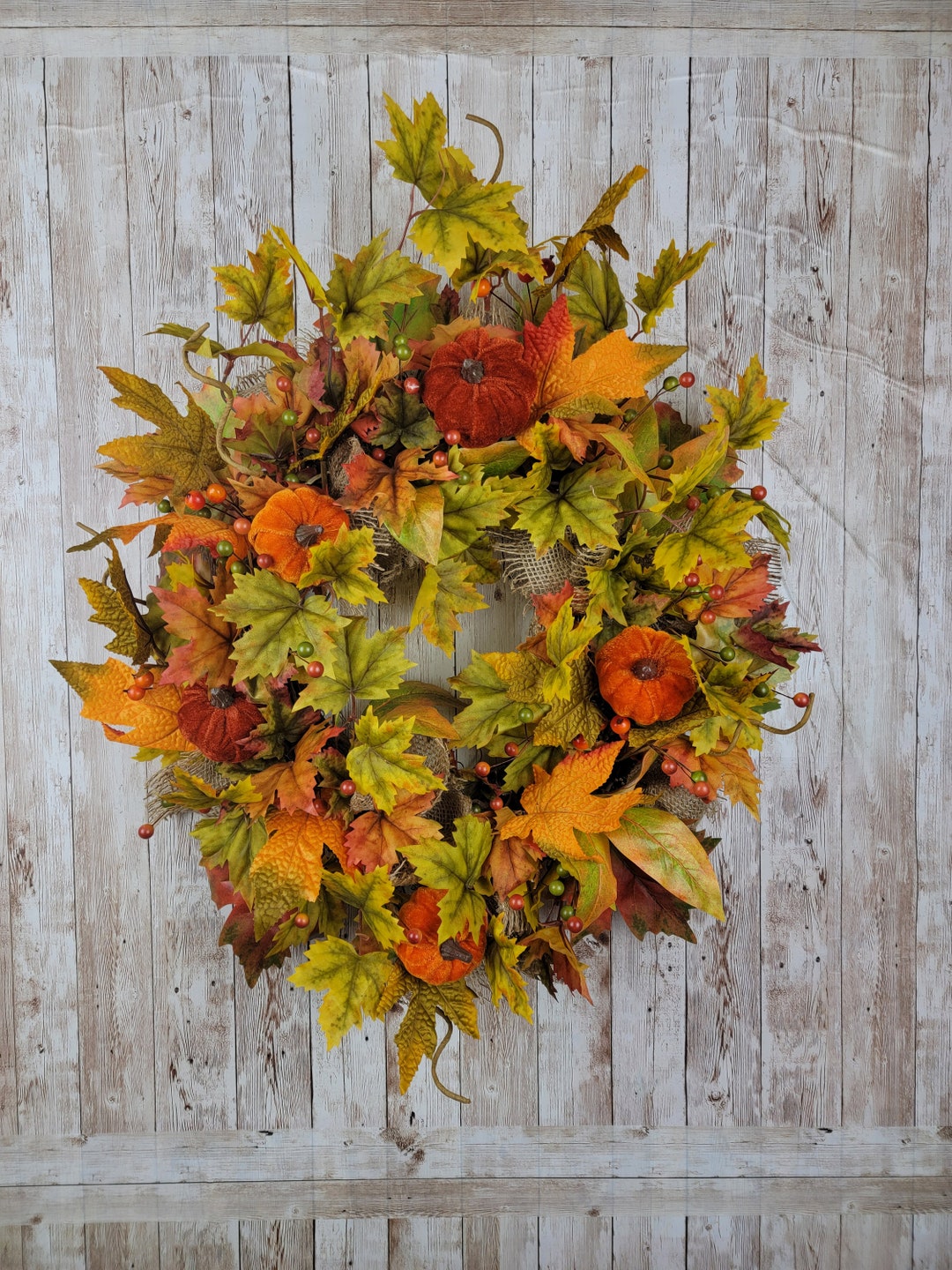 In the Pumpkin Patch Wreath for Fall Home Decor, Fall Leaves, Pumpkins and Berries, Thanksgiving ...