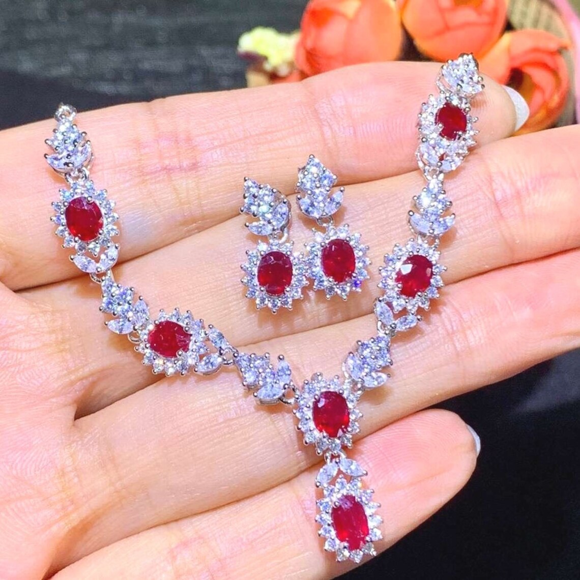 Natural Pigeon Blood Red Ruby Earrings Necklace Set July - Etsy