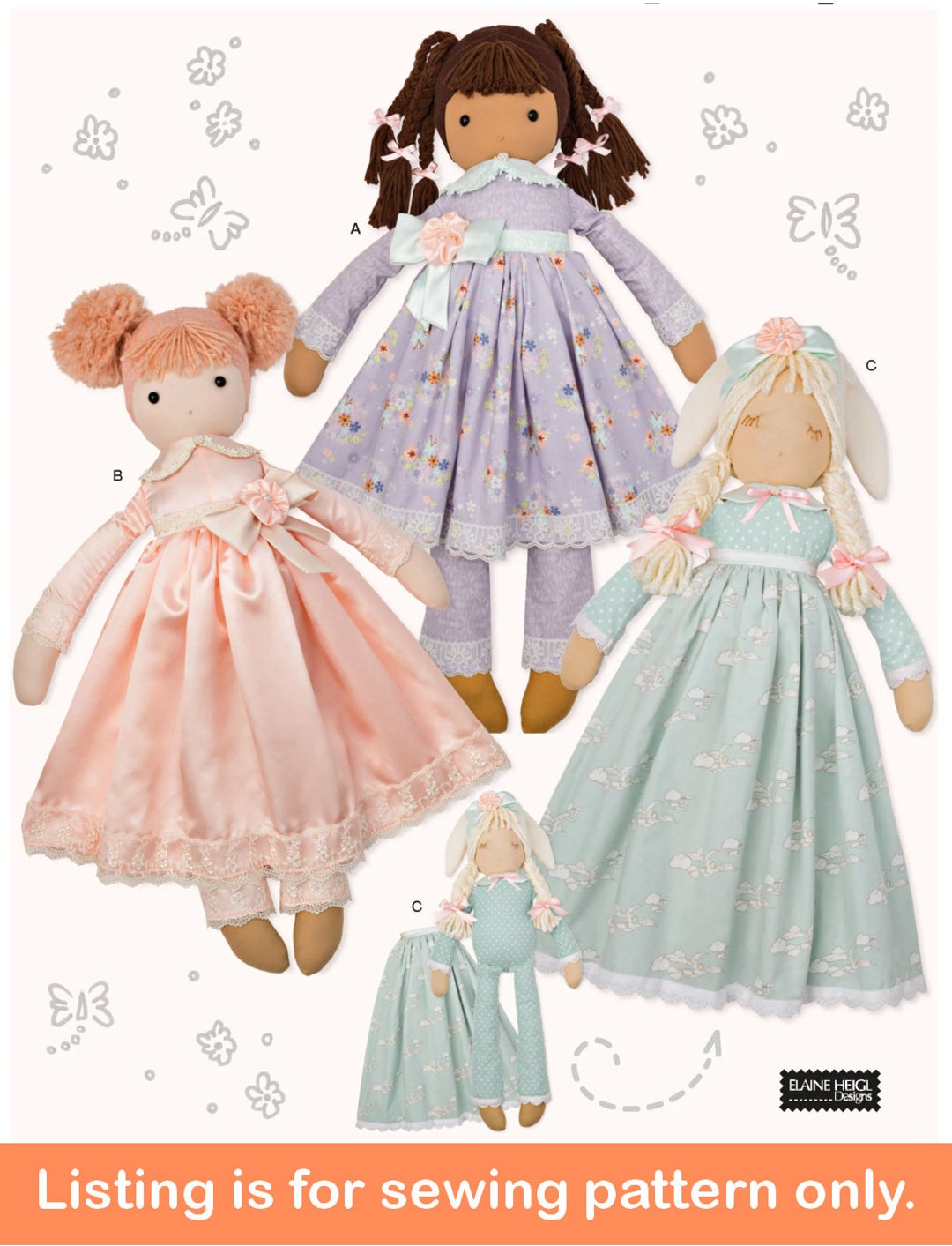 Large DOLL SEWING PATTERN | Sew Cloth Fabric Rag Doll | Three Styles ...