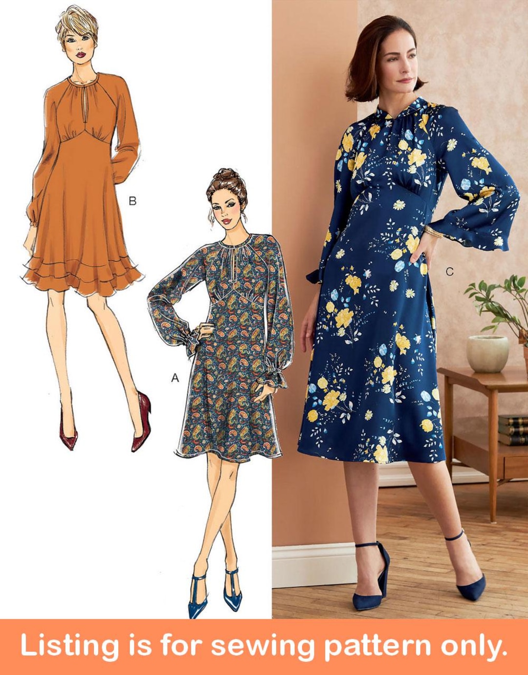 DRESS SEWING PATTERN | Sew Women Clothes Clothing | Long Sleeves Spring ...