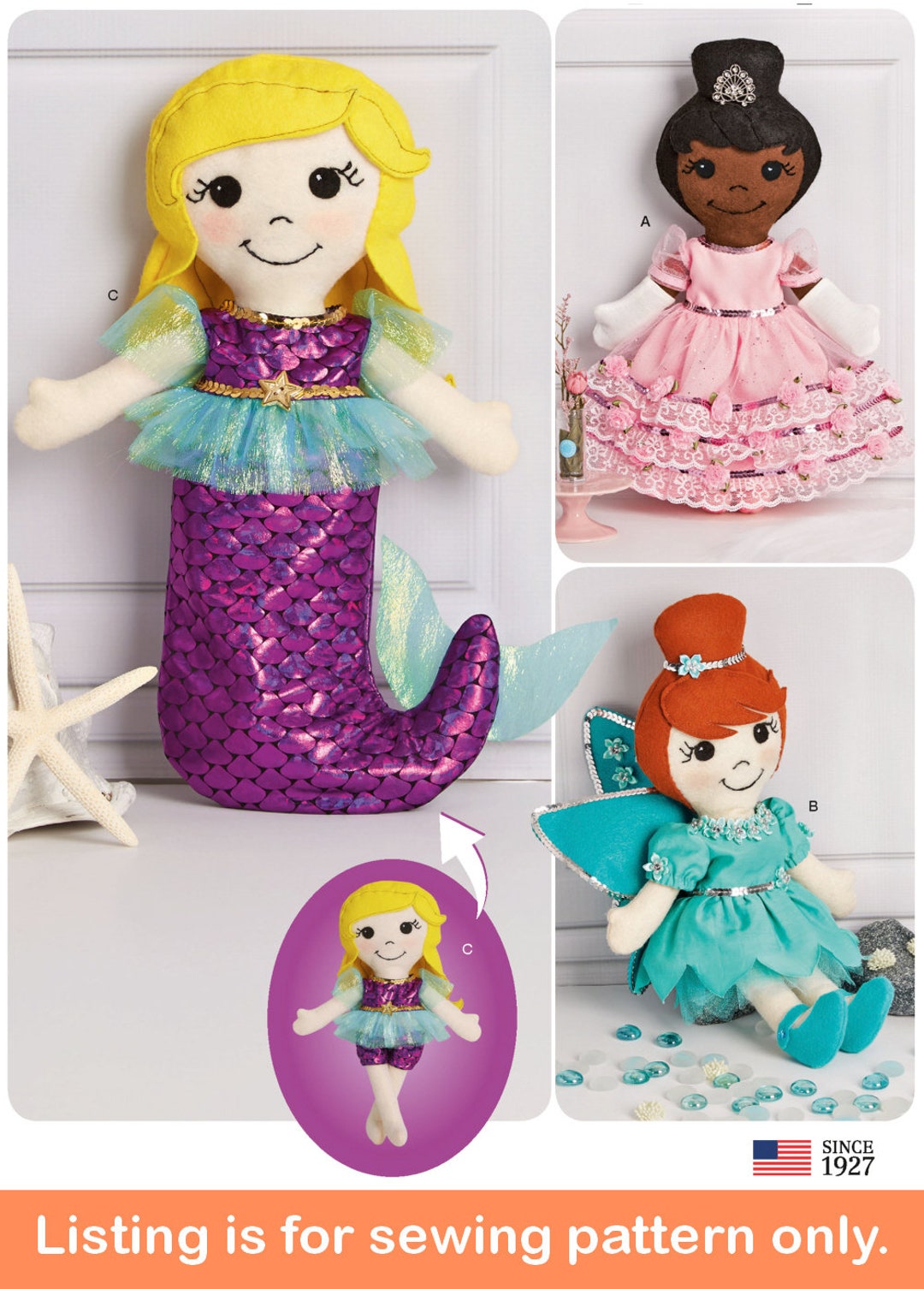 Sale DOLL SEWING PATTERN Sew Mermaid Princess Fairy 14 Inch Rag Cloth ...
