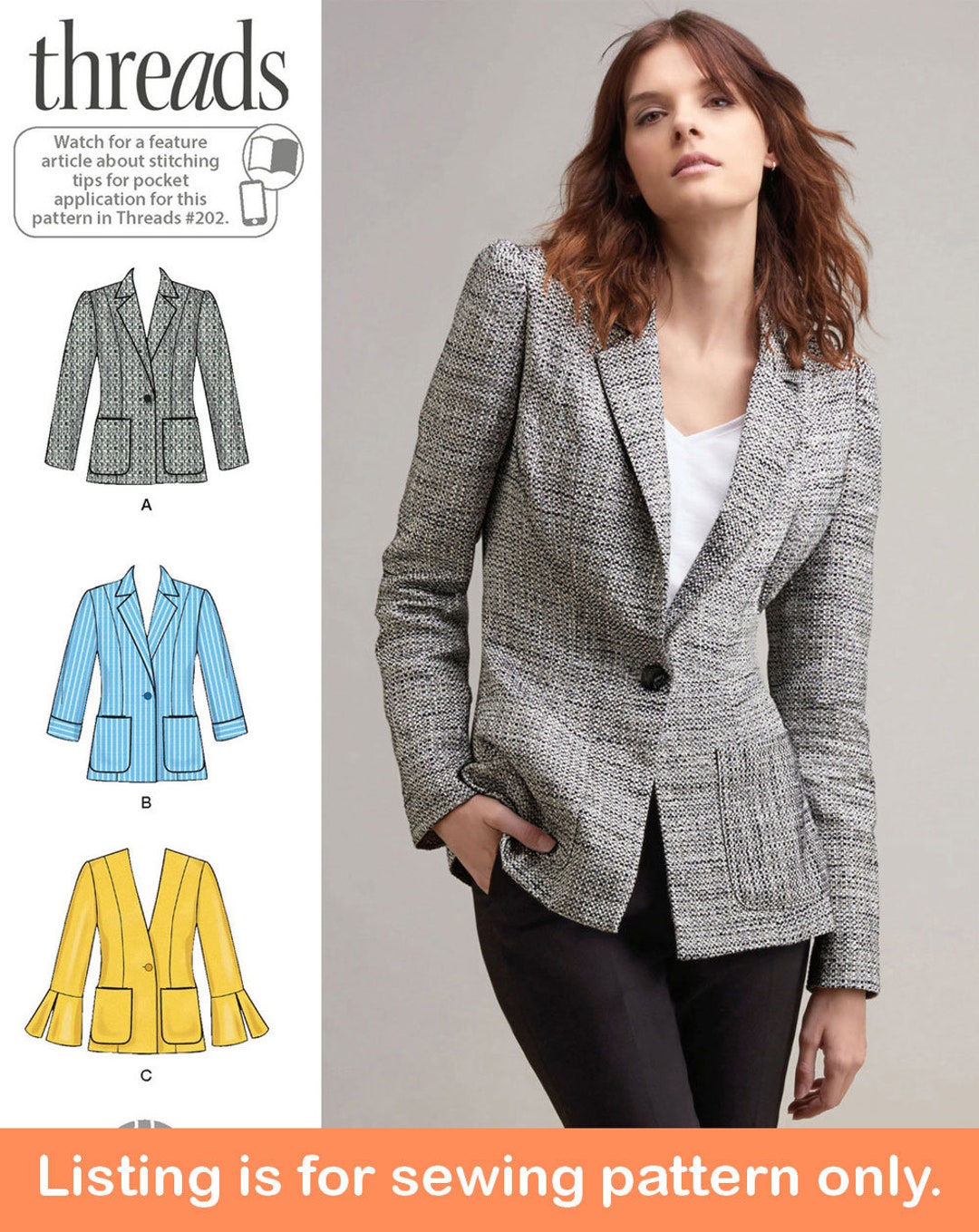 BLAZER SEWING PATTERN | Sew Womens Clothes Clothing | Suit Jacket Coat Pocket Retro | Size 6 8 ...