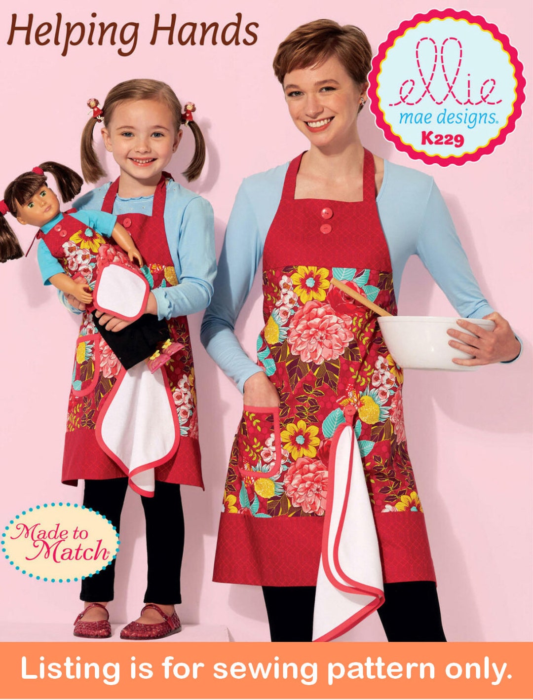 APRON SEWING PATTERN | Sew Matching Adult Kids 18" Doll Smock | Women ...