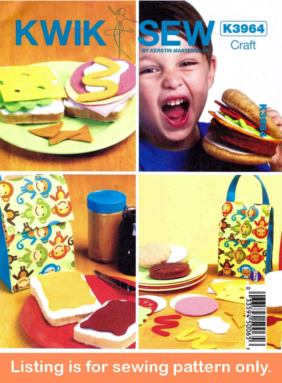 PLAY FOOD Sewing PATTERN Sew Soft Cloth Play Set Pretend Hamburger ...