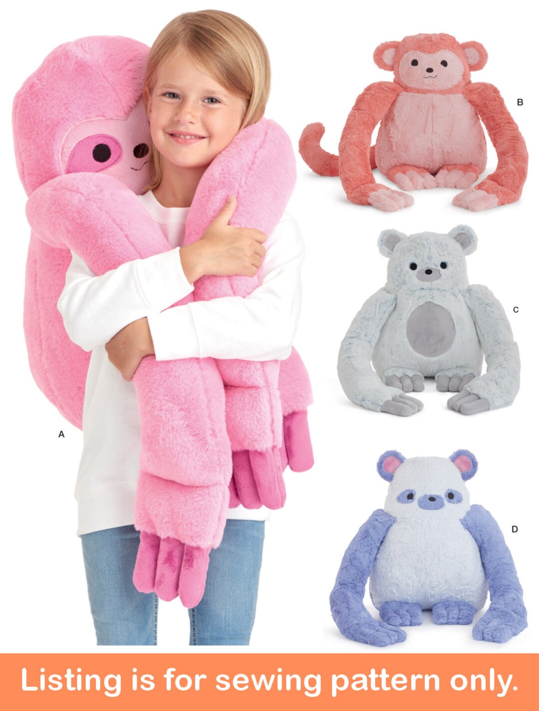 STUFFED ANIMAL Sewing PATTERN | Sew Large Hugging Plush Soft Toys | Kids Boys Girls Monkey Sloth ...