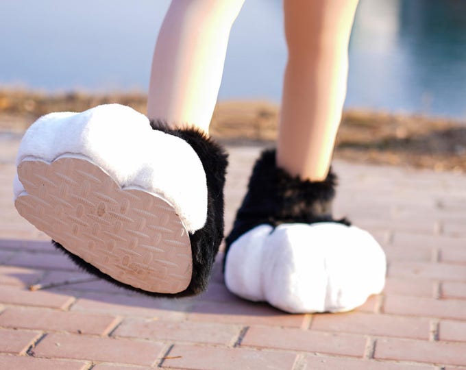 Comfort White&black Outdoor Feet Paws – Soft Plush Furry Slippers for ...
