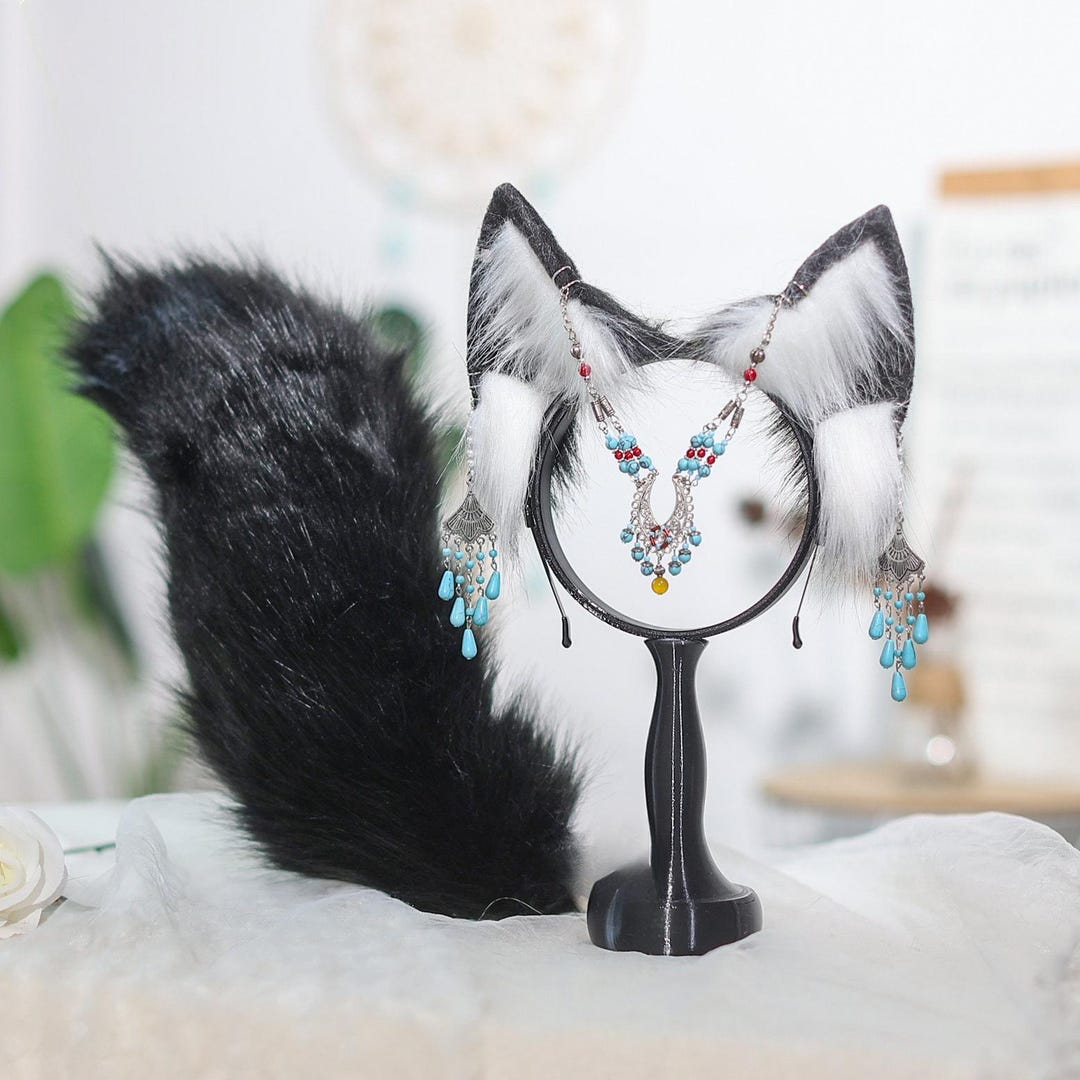Black and White Fox Ears and Tail Set With Glistening Jewelry - Perfect ...