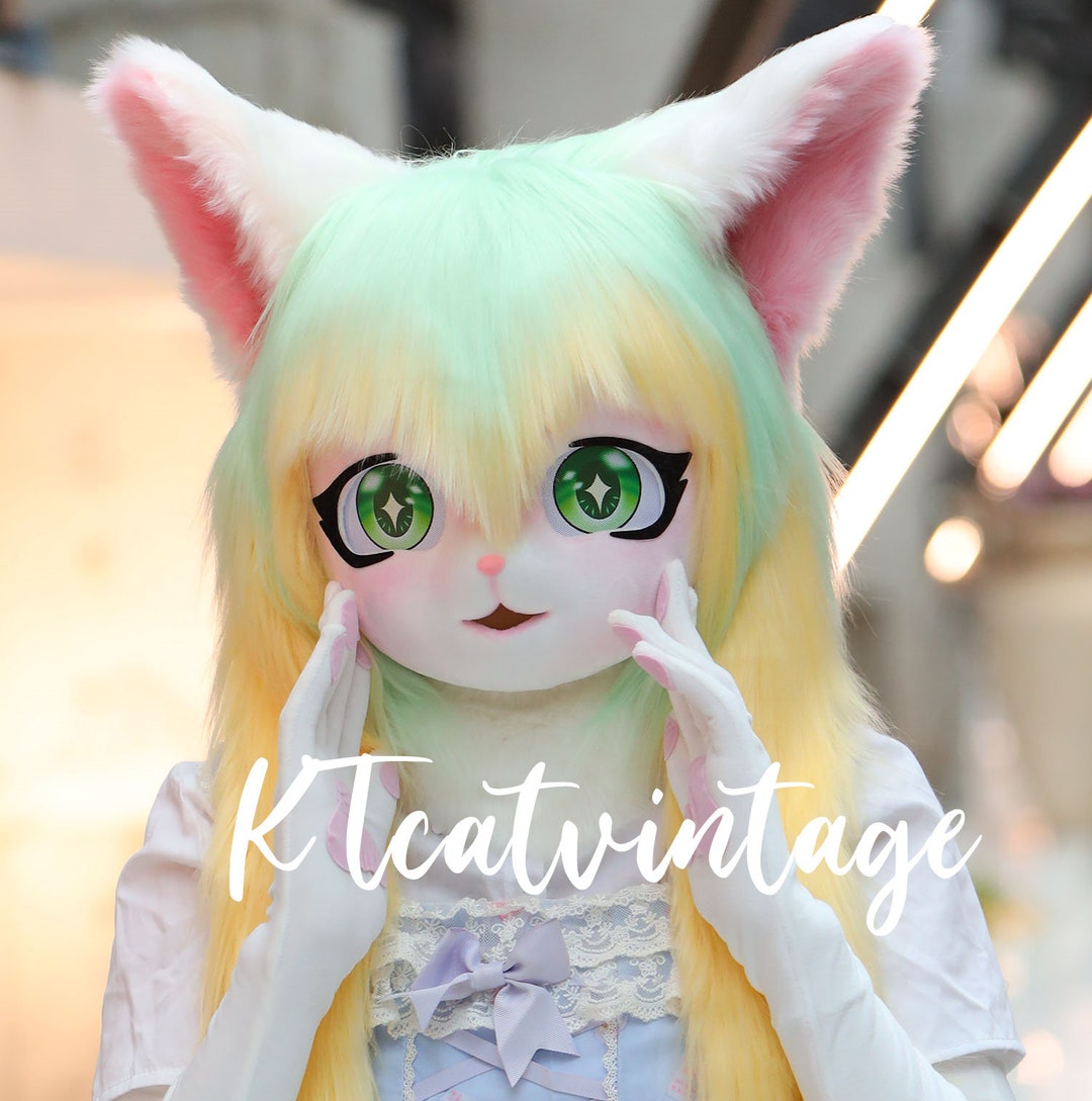 Kig Fursuit Cat Mask Fur Head Mask Furry White Cat Kigurumi Head Mask ...