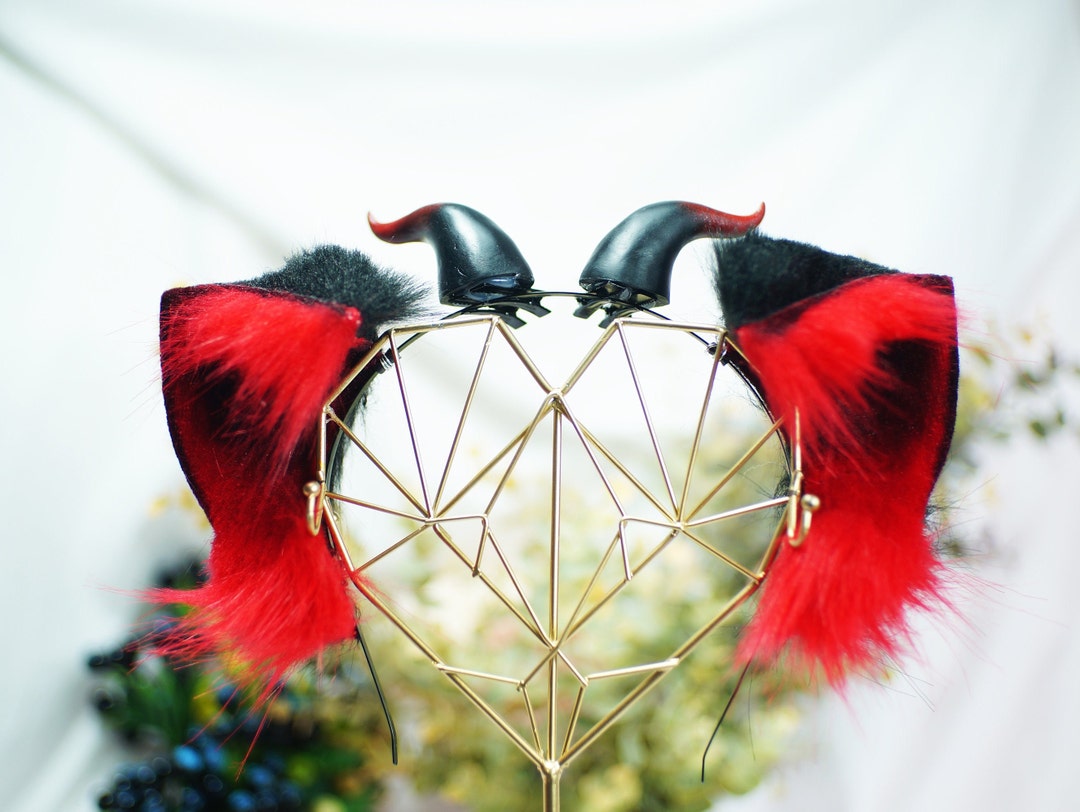 Red and Black Goth Cat Ears With Horns Poseable Cosplay Ears Faux Fur ...