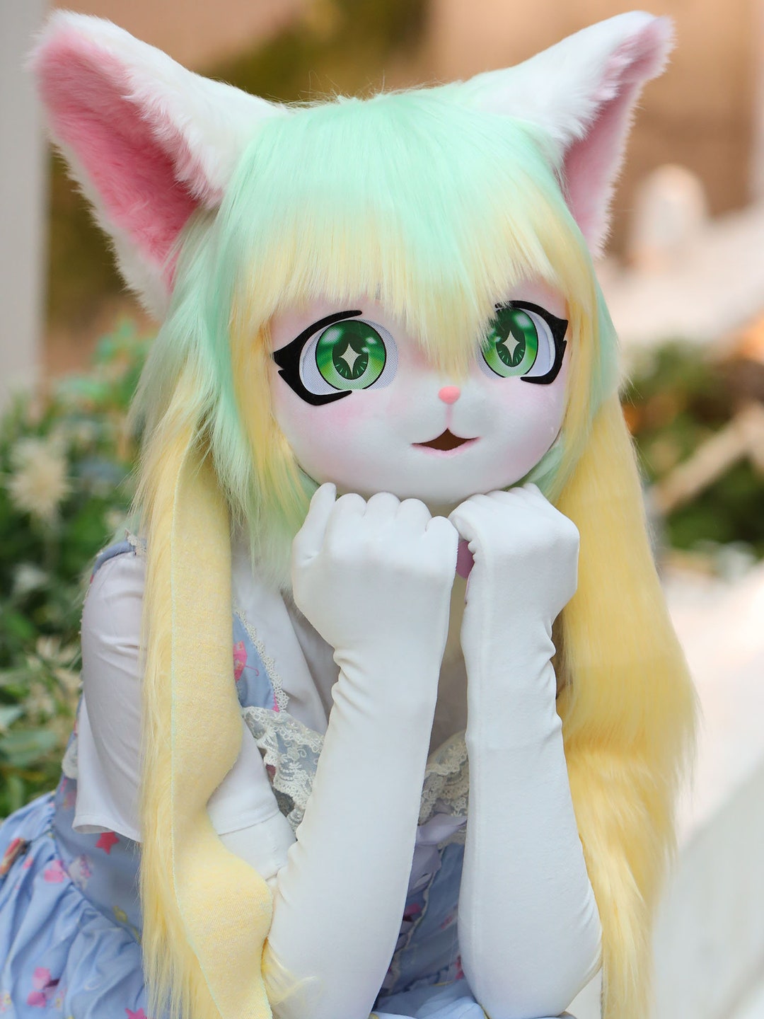 Kawaii Pink Kigurumi Fur Head Mask Furry White Cat Kigurumi Head Mask ...