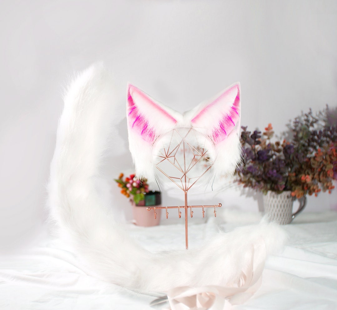 White Pink Tail and Ear Set Cat Ear and Tail Set Cat Tail Animal ...