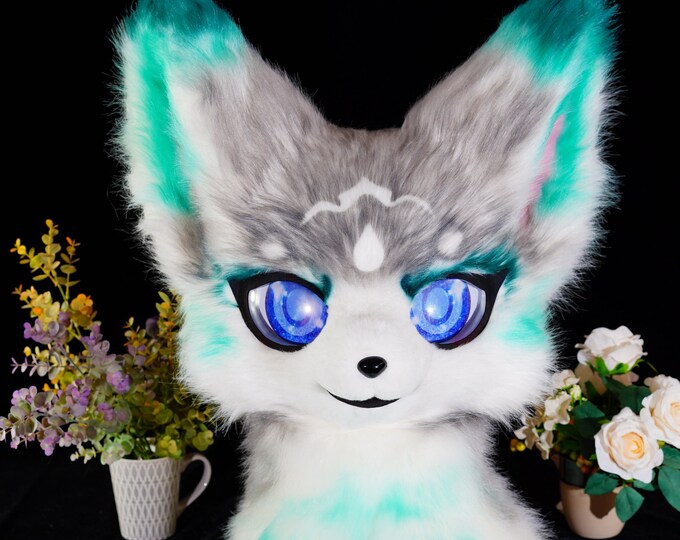 Grey Fursuit Head With Green, Grey Fox Head, Fursuit Custom, Kemono ...