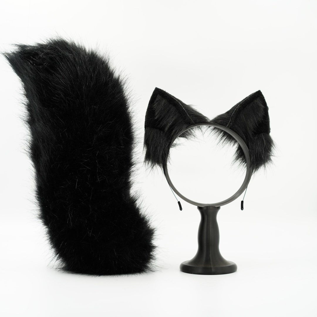 Black Cat Ears and Tail, Faux Fur Ears, Cat Ears, Tail , Ears Headband ...