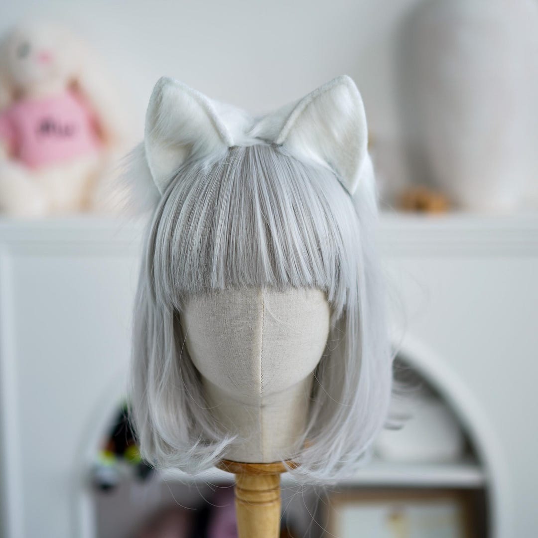 White Cat Ear Headband, Faux Fur Ears, Mini Plush Furry Costume Ears ...