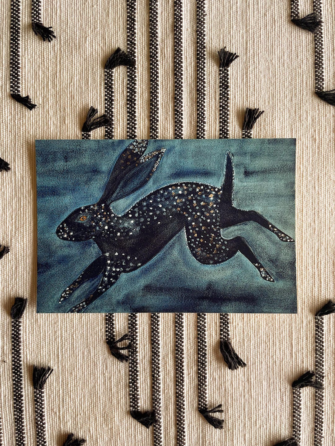 Midnight Spotted Rabbit Watercolor Print With Blue Background | Hand ...