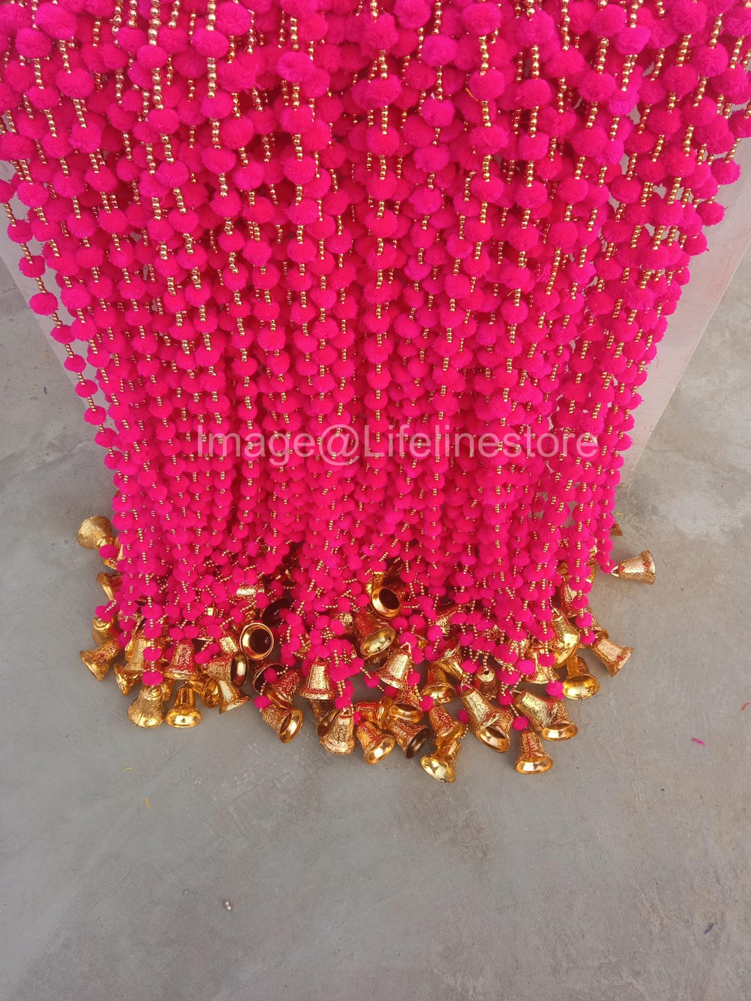 50 Pc FREE SHIPING Pom Pom Wedding Backdrop Decor Bell String,indian Handmand Bell Garlands ...