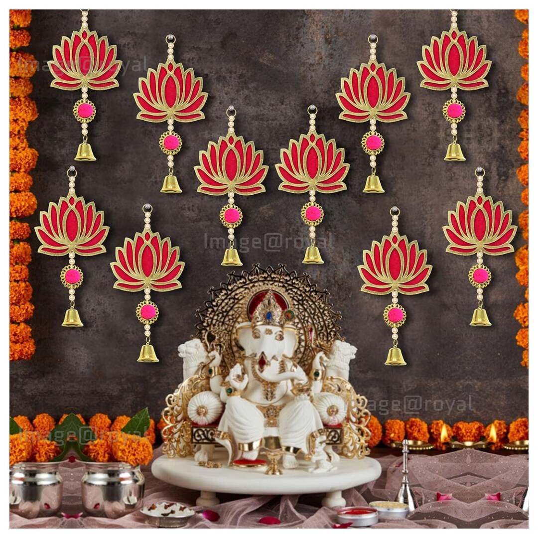 100 Pc Wall Door Hanging Lotus Latkan Toran With Bells 22.8 Cm X 9.6 Cm ...