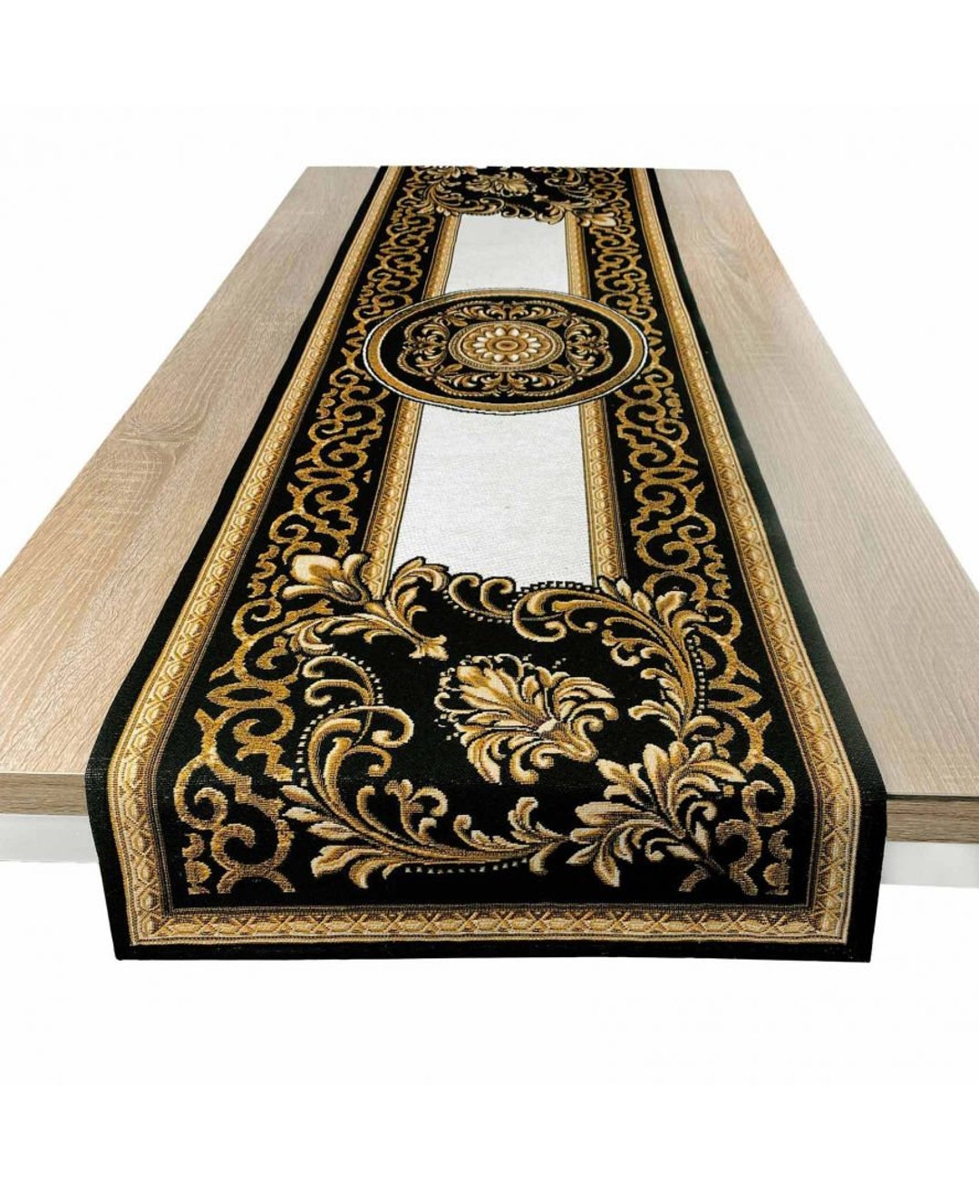 Black Gold and White Tapestry Table Runner With a Medallion - Etsy