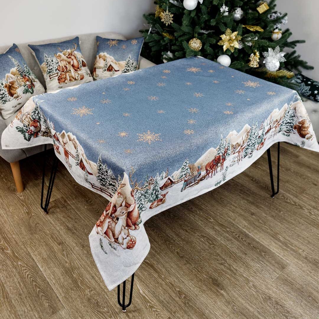 Blue Christmas Tapestry Tablecloth With Reindeers, Golden Snowflakes ...