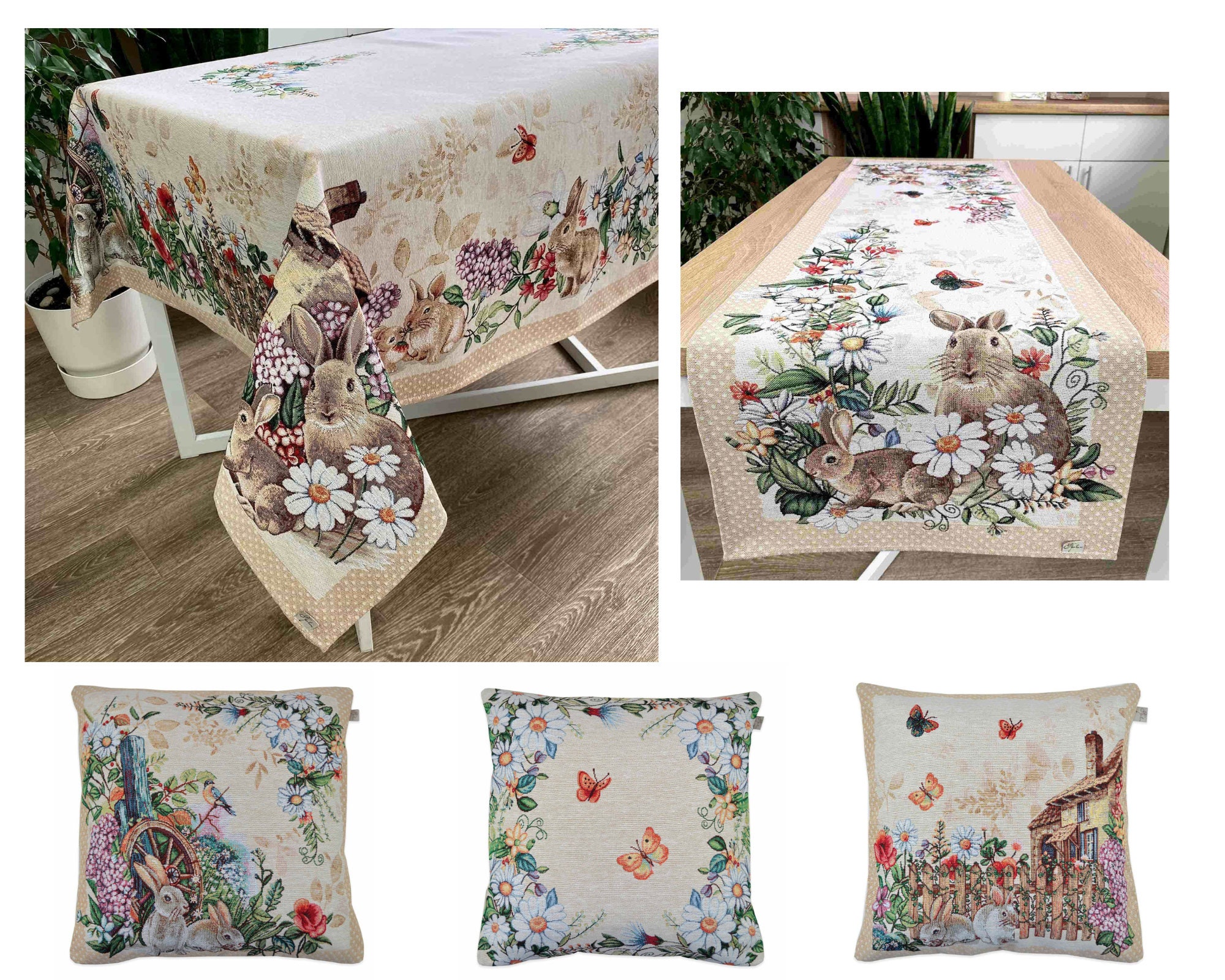 Beige Tapestry Table Runner With Rabbits, Hares and Flowers Pattern ...
