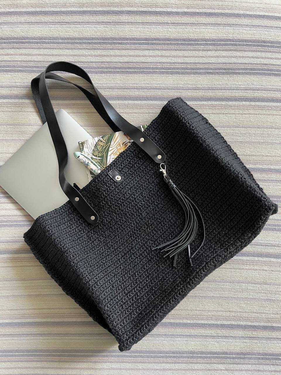 Black Jute Bag With Natural Leather Handles and Accessories. - Etsy