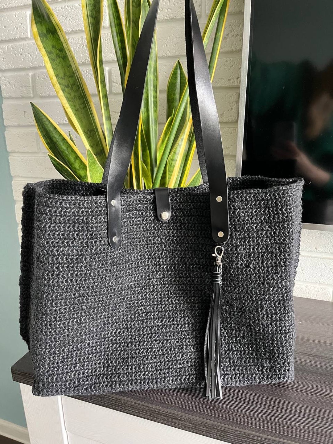 Black Jute Bag With Natural Leather Handles and Accessories. - Etsy