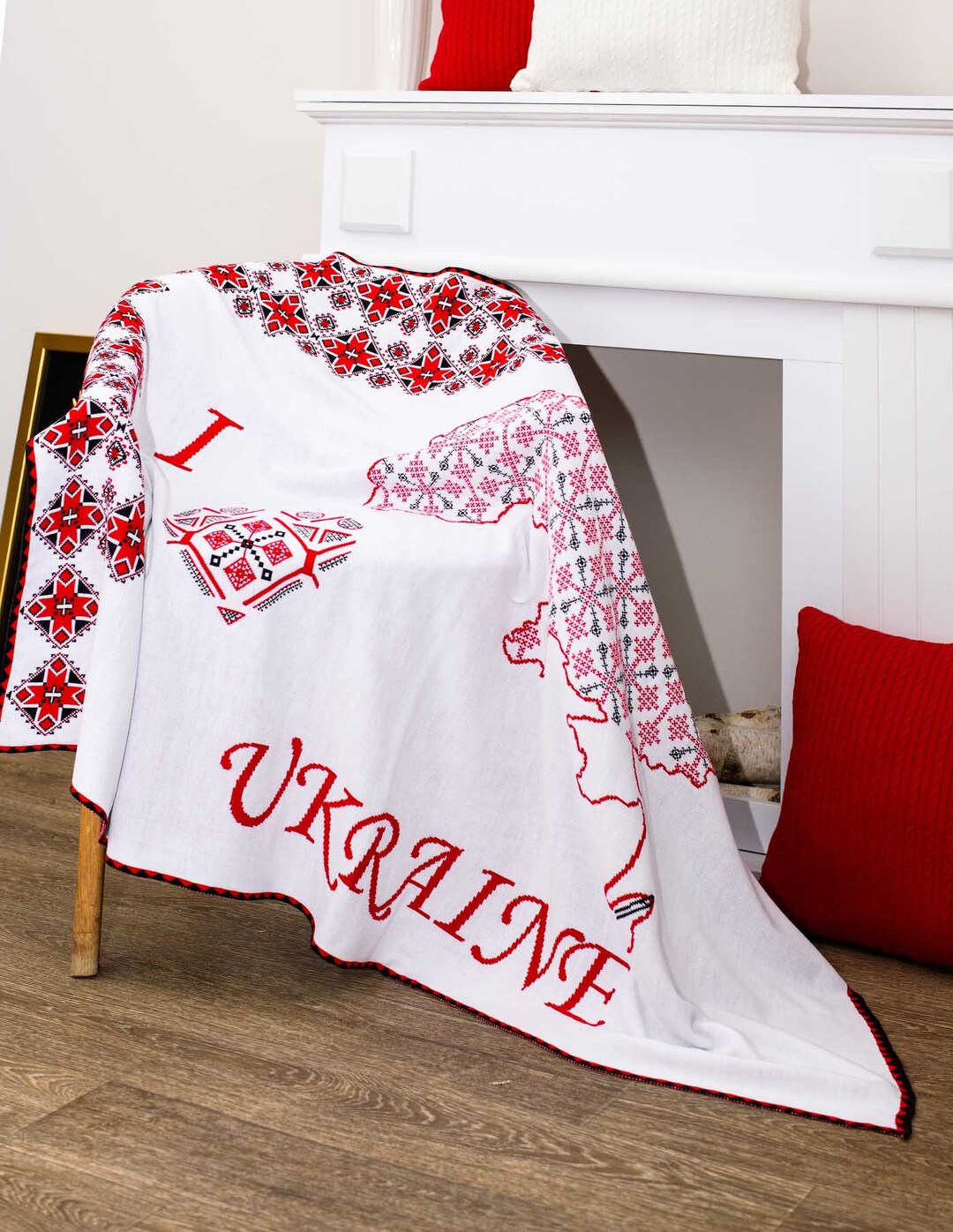 White Knitted Blanket With the Map of Ukraine and Ukrainian Embroidery ...