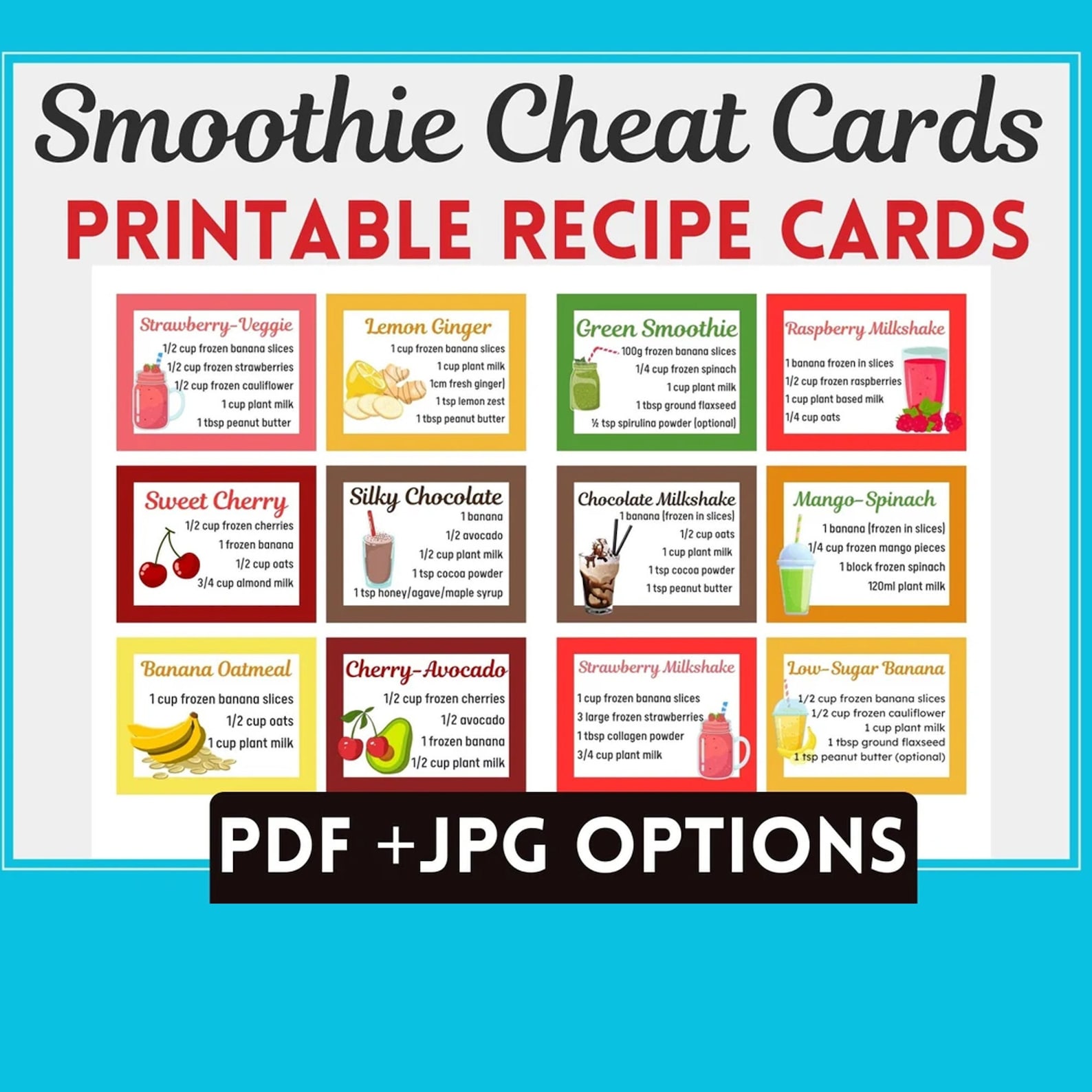 Smoothie Recipe Cards PDF, Smoothie Recipes, 12 Smoothie Cheat Sheets ...