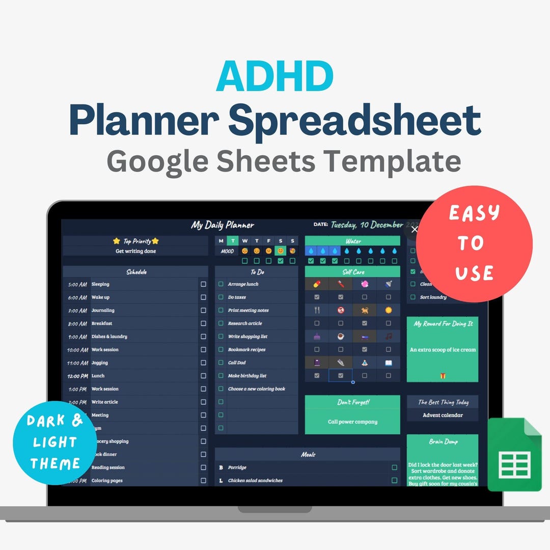 ADHD Planner Spreadsheet - Google Sheets Template, Daily Planner, Dark ...