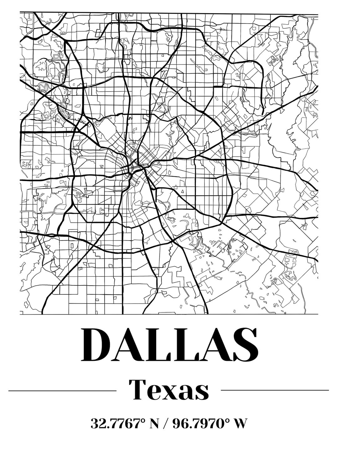 Dallas Texas City Map Wall Art Design Digital Download - Etsy