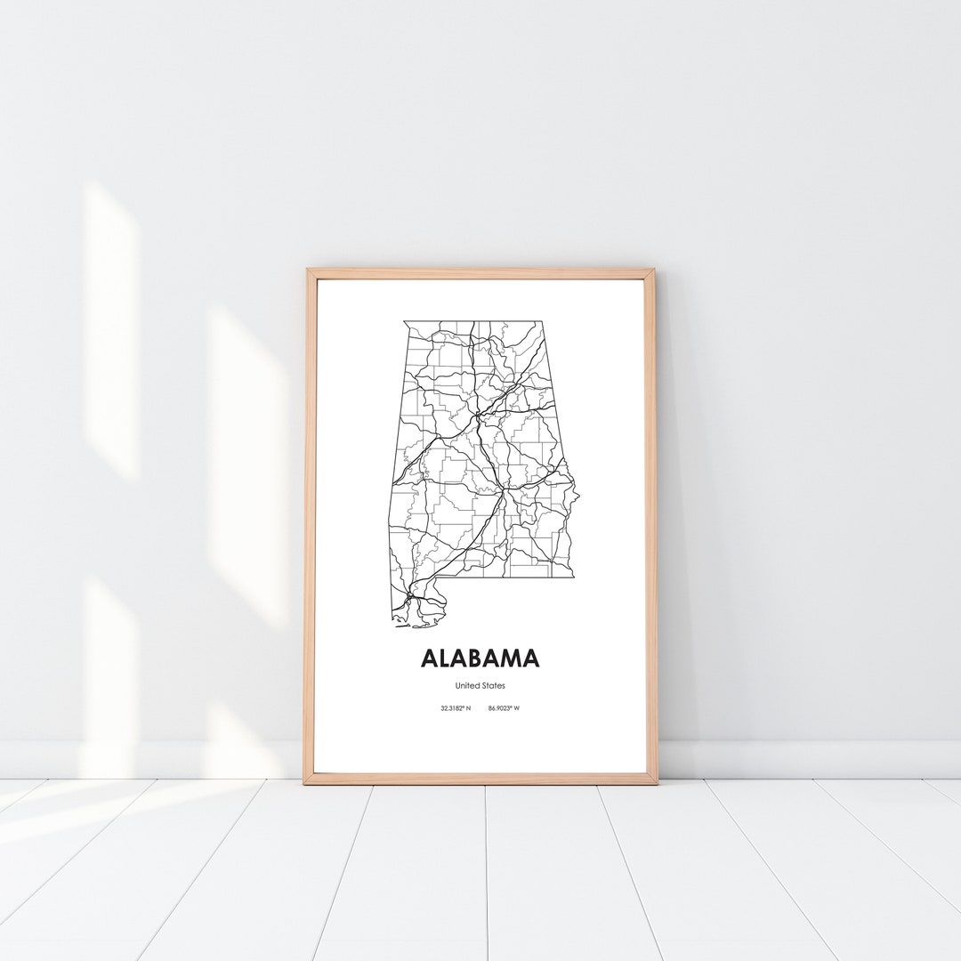 Alabama Map Digital Printable Vector Illustration Wall Art Print ...