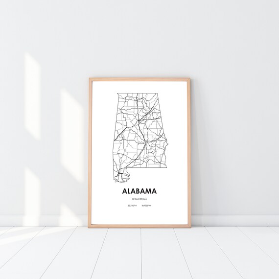 Alabama Map Digital Printable Vector Illustration Wall Art | Etsy