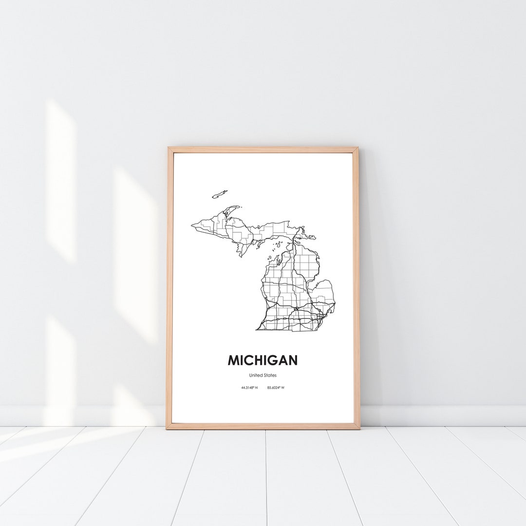 Michigan State Map Digital Printable Vector Illustration Wall Art Print ...