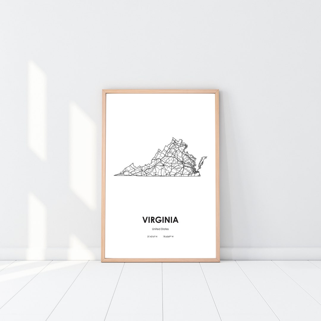 Virginia State Map Digital Printable Vector Illustration Wall Art Print ...