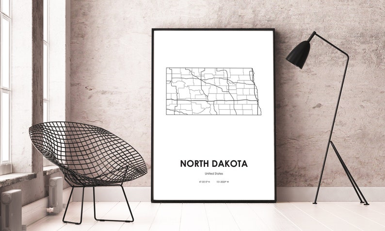 North Dakota State Map Digital Printable Vector Illustration Wall Art ...