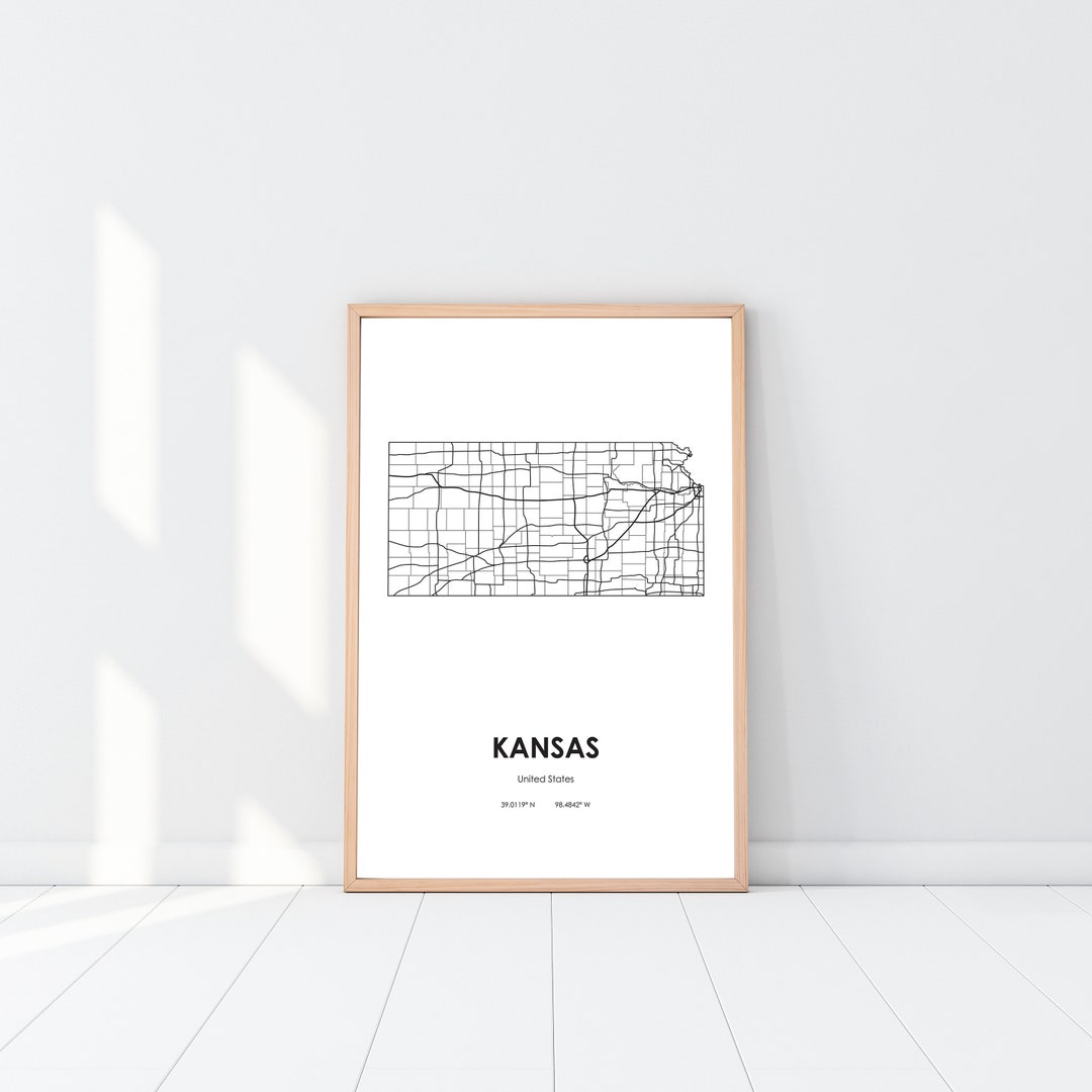 Kansas State Map Digital Printable Vector Illustration Wall Art Print ...