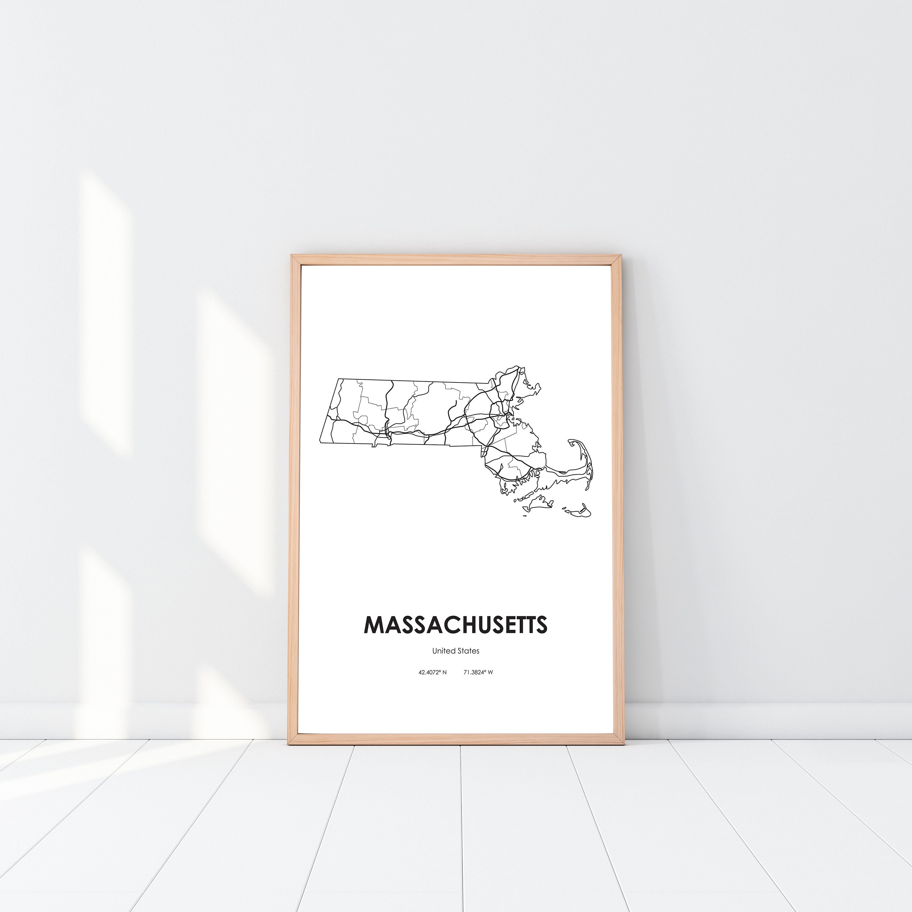 Massachusetts State Map Digital Printable Vector Illustration Wall Art ...